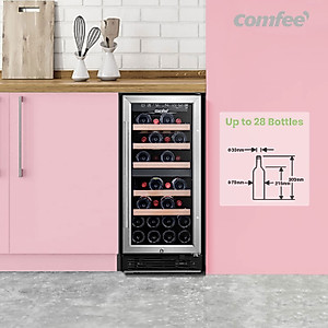 COMFEE' CRW28B7AST Freestanding & Built-in Wine Cooler, 28 Bottles Wine Fridge, Dual Cooling Zone, Digital Control, Glass Door Stainless Steel Frame