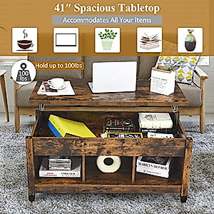 Tangkula Wood Lift Top Modern Coffee Table w/Hidden Compartment and Open Storage Shelf for Living Room Office Reception Room(Rustic Brown)