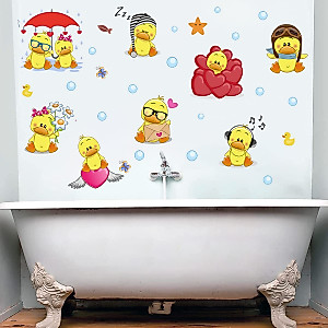 WOYINIS Cute Little Yellow Duck Wall Stickers Peel & Stick Little Yellow Duck and Bubbles Wall Stickers Set DIY Removable Summer Wall Decal Stickers Kids Room Playroom Bathroom Decor