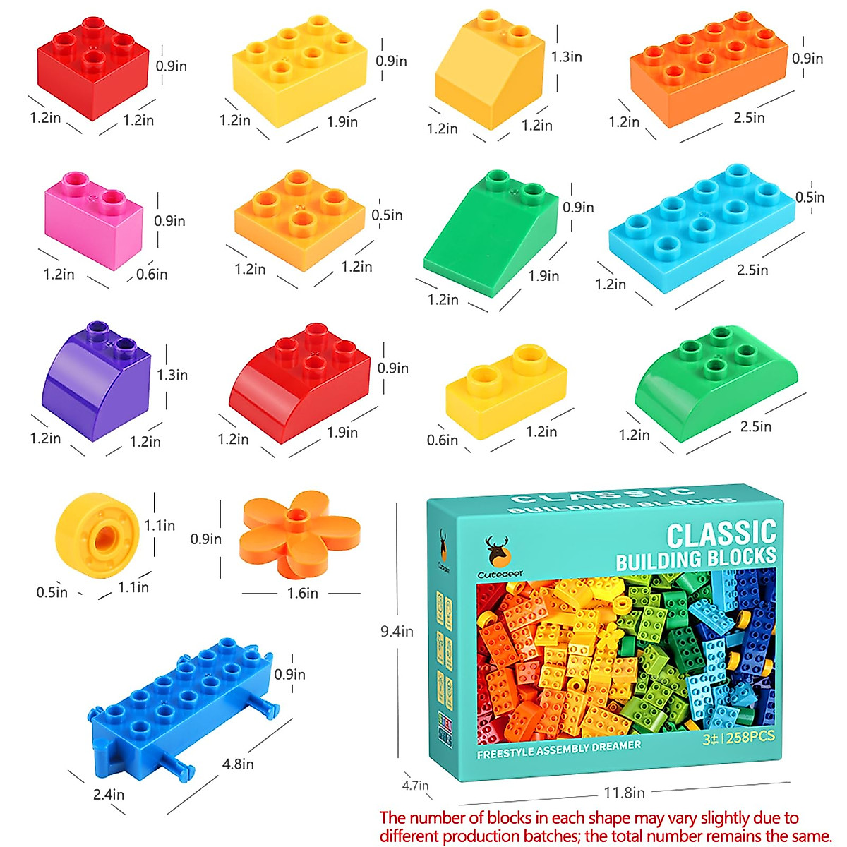Cutedeer 258 Piece Classic Big Building Blocks Set for Kids Toddlers Compatible with All Major Brands, Large Building Bricks STEM Toys with Gift Box for All Ages Boys Girls