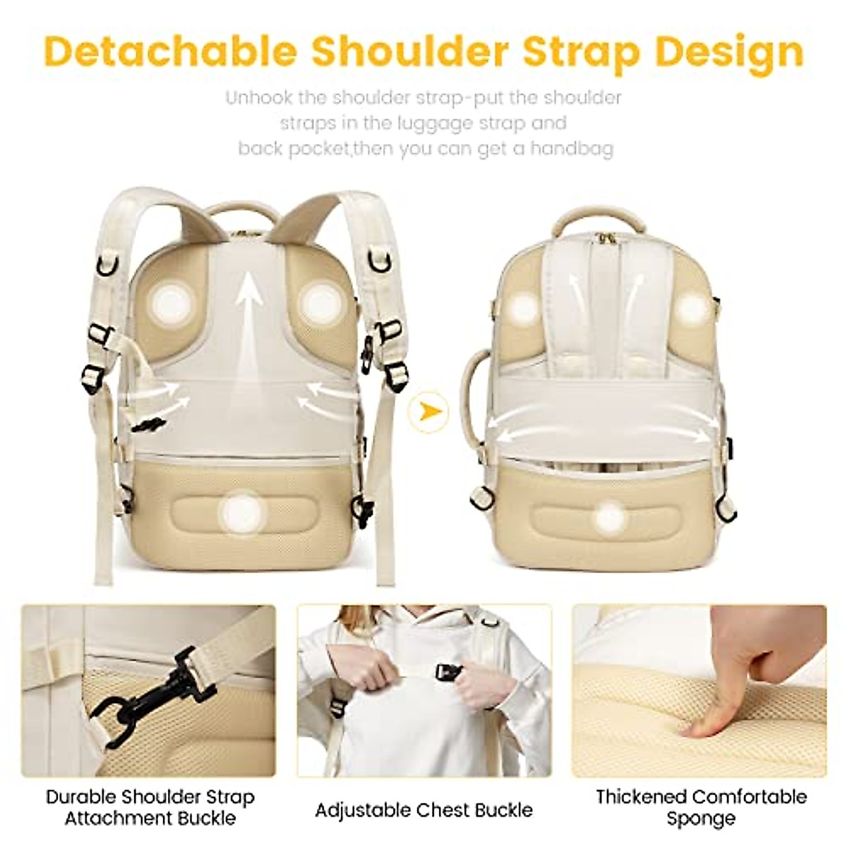 LOVEVOOK Carry on Backpack,40L Women Travel Backpack Airline Approved,Waterproof Large TSA 17inch Laptop Backpack Daypack with Anti-theft Pocket for Business Trip College Weekender,Beige