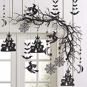 Glitter Black Halloween Party Decorations Gothic Birthday Garlands Hanging Witch Bat Spider Haunted House Star Moon Decor Streamers Backdrop Birthday Baby Shower Home Office Classroom Decor