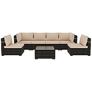 UPHA 7 Pieces Patio Furniture Set, Outdoor Sectional Brown PE Rattan Wicker Sofa Set with Cushions and Tempered Glass Coffee Table for Poolside, Lawn, Garden and Balcony