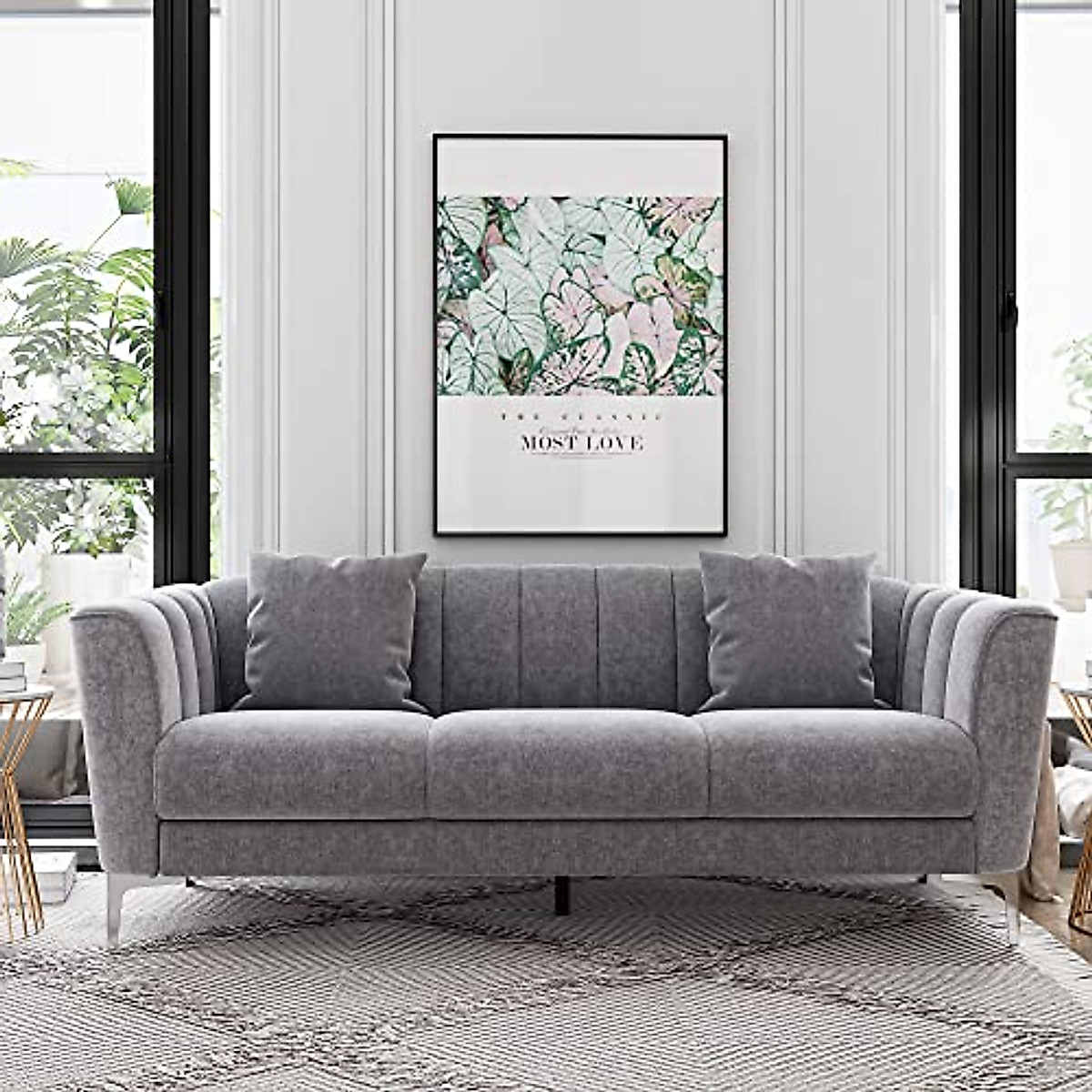 HOSTACK Modern Chenille Sofa, 77" Upholstered Couch with 2 Bolster Pillows and Armrest Bags, 3-Seat Sofa for Living Room, Bedroom, Office, Apartment, Dorm, Gray