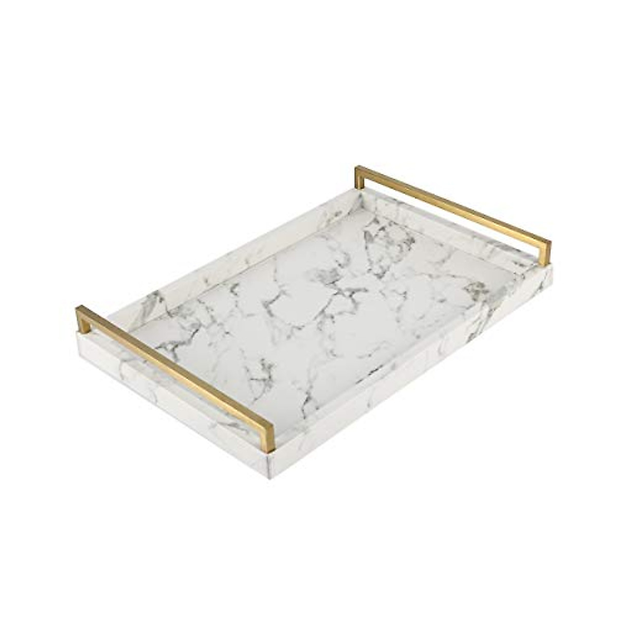 WV Coffee Table Serving Tray Faux Leather White Marble Finish with Brushed Gold Stainless Steel Handle for Living Room (White)
