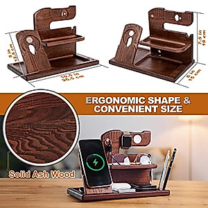 TESLYAR Wood Phone Docking Station Charger Xmas Gifts for Men or Dad for Husband Birthday Wife Nightstand Organizer Key Holder Wallet Solid Ash