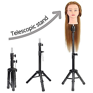 Wig Stand Tripod Mannequin Head Stand Metal Adjustable Heavy Duty Wig Head Stand for Canvas Block Head Cosmetology Hairdressing Training Doll Head and Styling Making Wigs with Smartphone Clamp Mount
