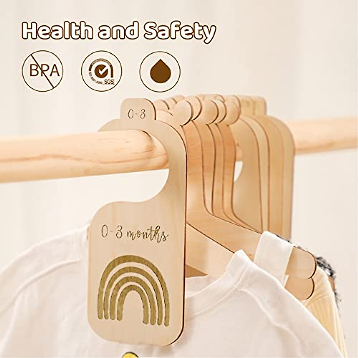 7 Pieces Baby Closet Size Divider Wooden Baby Closet Organizers Hanging Closet Dividers from Newborn Infant to 24 Months for Home Nursery Baby Clothes