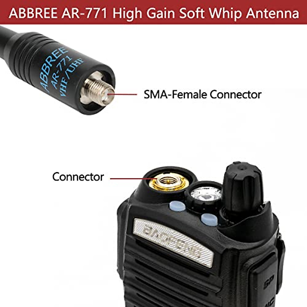 ABBREE AR-771 14.96Inch SMA-Female Dual Band VHF/UHF High Gain Soft Whip Antenna for Baofeng UV-5R(All),BF-F8HP, BF-F8TD,UV-82(All) BF-888S UV-10R BF-H6/H7 TP-8Plus Kenwood Two Way Radio