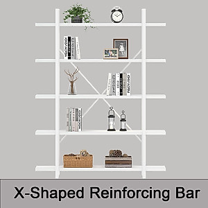 HSH 5 Tier Tall White Bookshelf, Metal and Wood Storage Book Shelves for Bedroom Living Room Office, Modern Large White Bookcases and Bookshelves 5 Shelf, Farmhouse Open Vertical Display Book Shelf