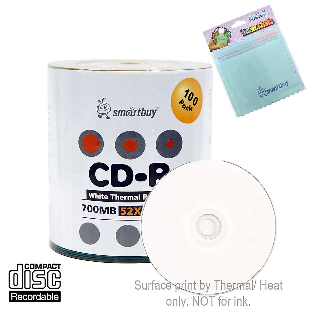 Smartbuy 100-disc 700mb/80min 52x CD-R White Thermal Hub Printable Recordable Disc + Free Micro Fiber Cloth