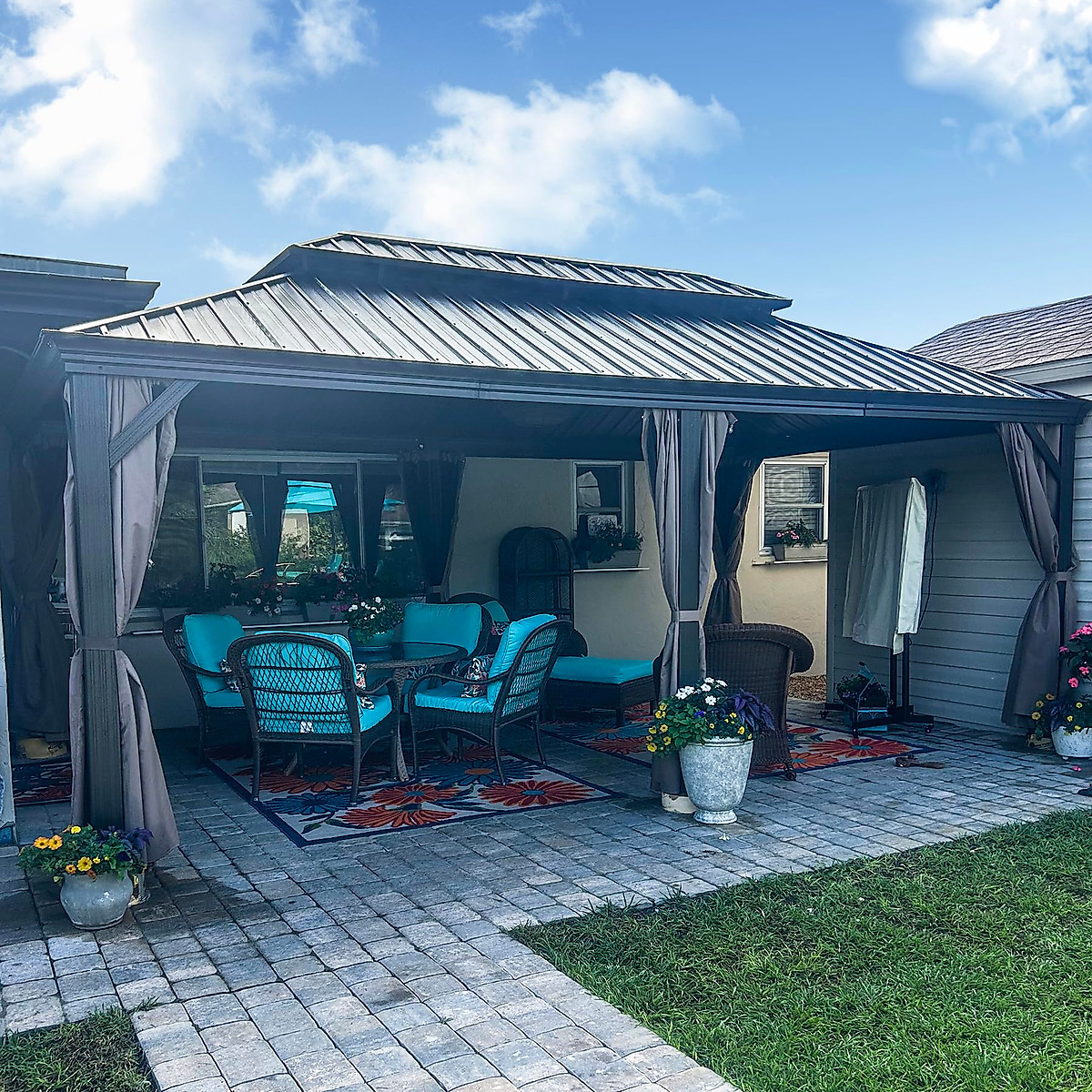 Domi Outdoor Living 12’ X 20’ Hardtop Gazebo, Outdoor Aluminum Frame Canopy with Galvanized Steel Double Roof, Outdoor Permanent Metal Pavilion with Curtains and Netting for Patio, Backyard and Lawn