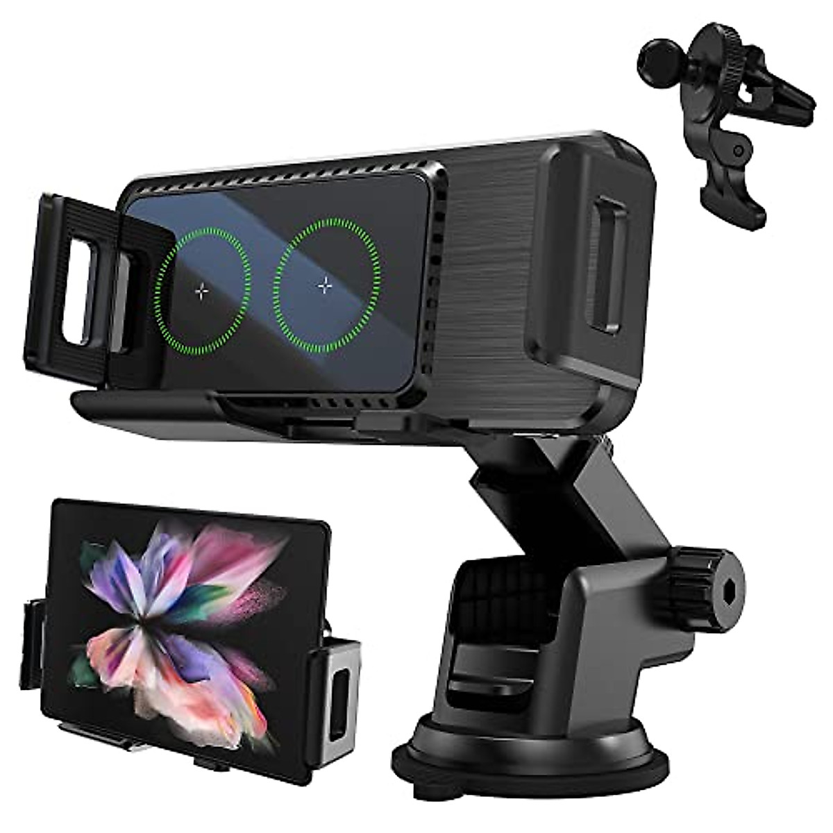 Wireless Car Charger, Boaoige Car Phone Mount, Auto-Rotating 2 Coils 15W Qi Fast Charging Car Phone Holder for Samsung Galaxy Z Fold/Flip 4 3 5G/S22/S21,iPhone 14 13 Pro Max, Google Pixel 6 Pro