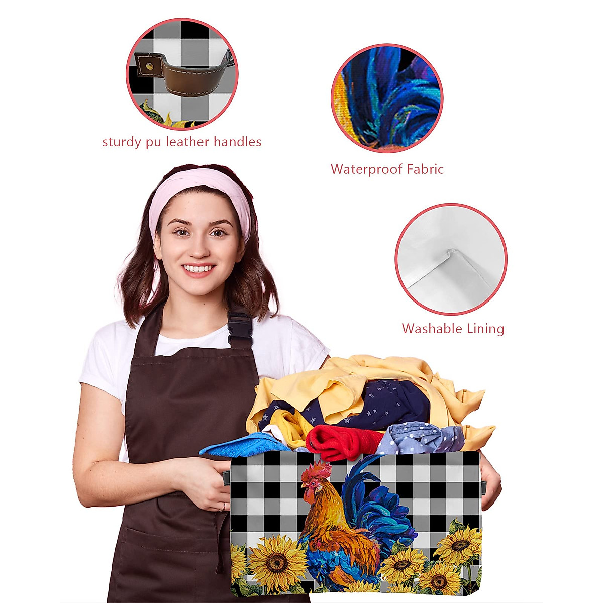Storage Bins, Farm Rooster Sunflower Black and White Buffalo Plaid Storage Baskets for Organizing Closet Shelves Clothes Decorative Fabric Baskets Large Storage Cubes with Handles