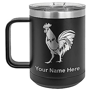 LaserGram 15oz Vacuum Insulated Coffee Mug, Rooster, Personalized Engraving Included (Black)