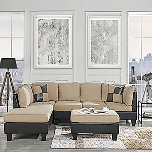 Casa AndreaMilano 3 Piece Microfiber and Faux Leather Sofa and Ottoman Set, 102" W, Large, Camel