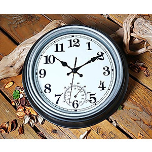 SMILEMARY 12-Inch Indoor/Outdoor Retro Silent Non-Ticking Waterproof Wall Clock with Thermometer,Battery Operated Quality Quartz Round Clock Wall Decorative for Patio/Home