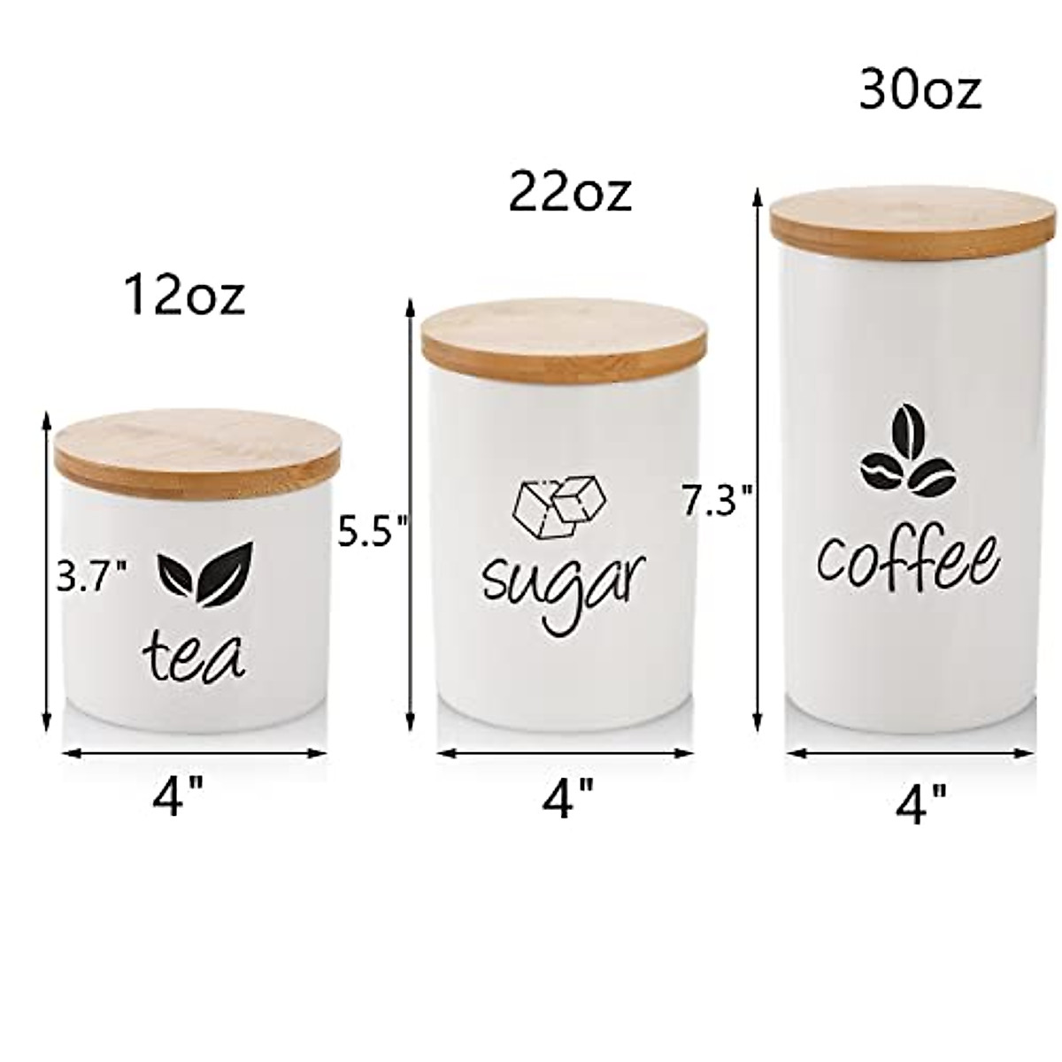 AVLA 3 Pack Ceramic Canister Set, 30/22/12 OZ Kitchen Airtight Food Storage Jar with Bamboo Lids, Coffee Sugar Tea Storage Containers Pots Jars for Counter, Farmhouse Kitchen Decor, White