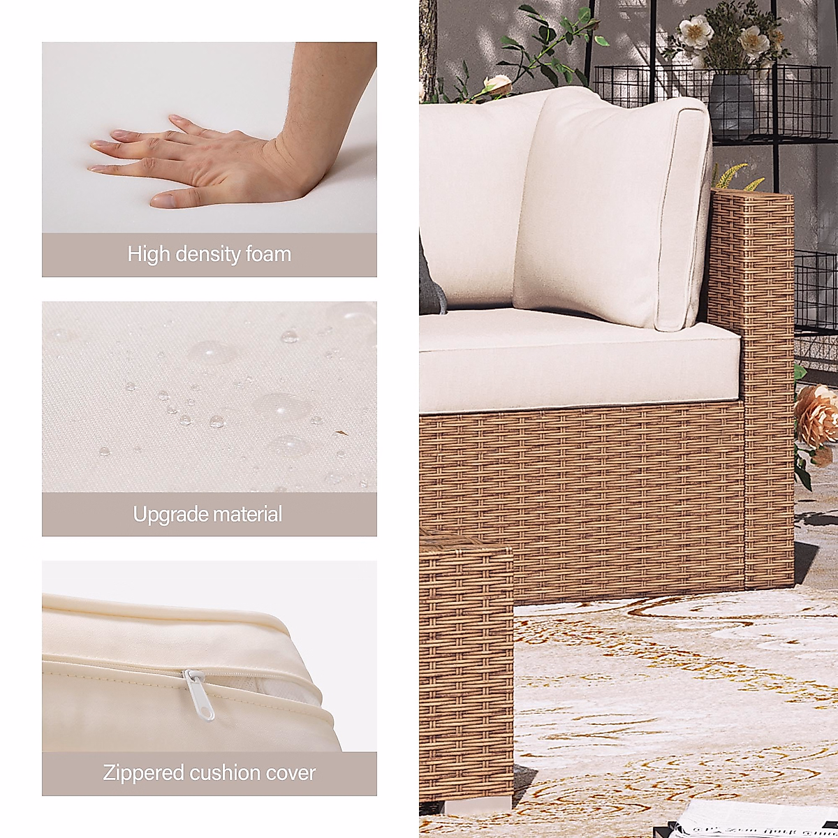 LAUSAINT HOME Outdoor Patio Furniture, 7 Piece Patio Furniture Set PE Rattan Sectional Conversation Sets with Thick Cushions & Wood-Like Coffee Table for Garden, Porch(Beige/Brown Wicker)