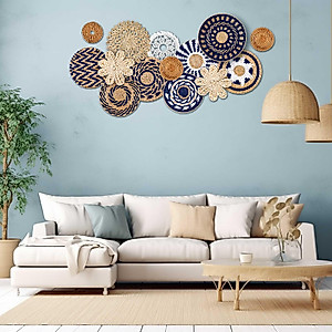 Xuhal 15 Pcs Boho Wall Basket Decor Hanging Woven Wall Basket Decorative Rustic Handcrafted Seagrass Baskets Round Woven Hanging Art for Home Farmhouse Kitchen Table Living Room (Blue Classic Style)