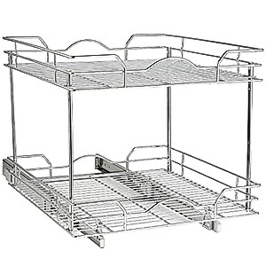 OCG Pull Out Cabinet Shelves 11" W x 18" D, 2 Tier Slide Out Cabinet Organizer, Sliding Drawer for Cabinet, Chrome Plated