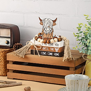 5PCS Highland Cow Decor, Farmhouse Tiered Tray Decor, Wooden Book Stacks Rustic Table Centerpiece for Home Room Mantle Fireplace Shelf