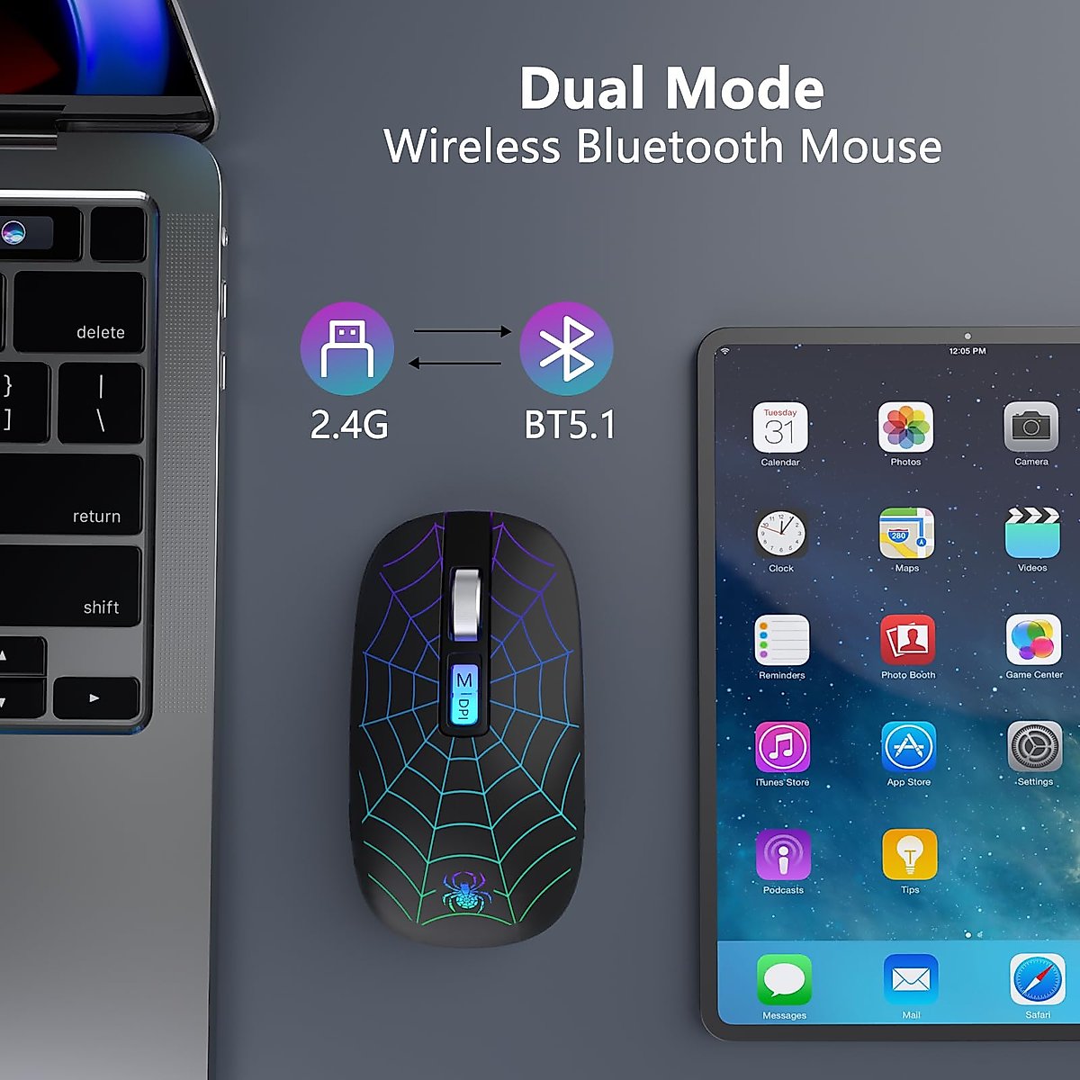 HOTLIFE Wireless Mouse，Wireless Bluetooth Mouse for Laptop - LED Computer Mice (Bluetooth 5.1 +USB) - Rechargeable Mouse - 2.4G Portable Tpye-c Mouse - Wireless Mouse for PC, Mac OS, Android, Windows