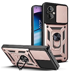 CCSmall Phone Case for OnePlus Nord N20 5G/Oppo A96 5G with Slide Camera Window, Heavy Duty Protection Phone Cover Case with Ring Kickstand for Oppo Reno7 Z 5G/Reno7 Lite SJ Rose Gold