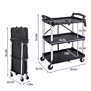 UNICOO Foldable Plastic Utility Cart, Heavy Duty, 3-Tier Rolling Service Cart with Lockable & Silent Wheels, Anti-Rust & Easy Clean for Restaurant, Office, Garage & More, 25.6x15.7x33.5 (Black)
