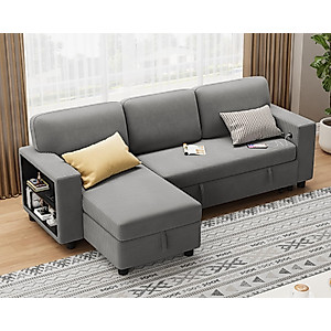 Flamaker 80" Sleeper Sofa, Sofa Bed with Built-in Large Storage and 2 Bookshelves, Convertible Sectional Sofa Couch, Pull Out Couch with USB, Modern Couches for Living Room (Corduroy, Light Grey)