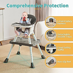 Baby High Chair, 8 in 1 Convertible High Chairs for Babies and Toddlers, Baby High Chair with Double Removable Tray, Infant Booster Seat, Building Block Table, Kids Stool Table Set (Gray)