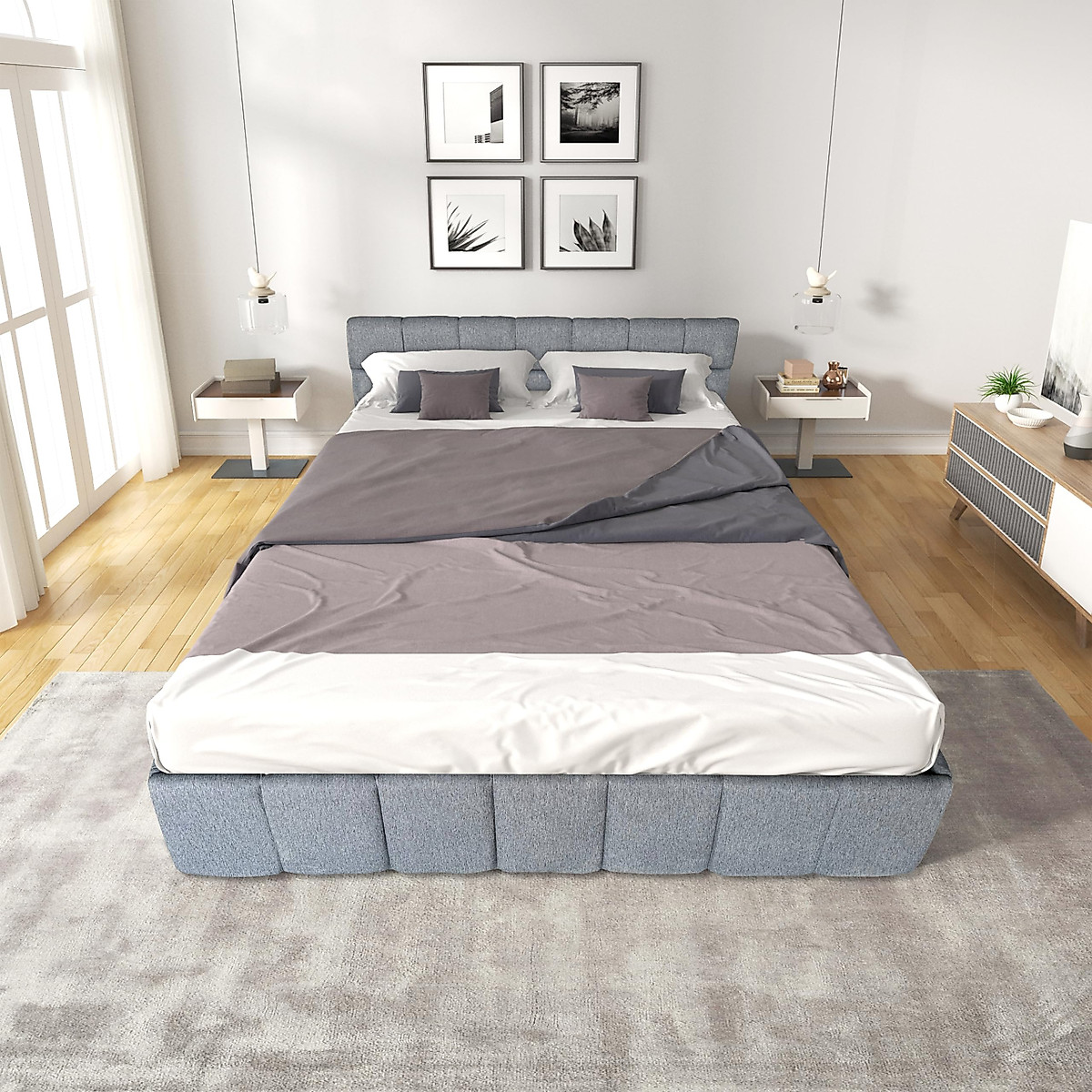 DHPM Daybed Full Size with Trundle, Sofa Bed Full Upholstered Tufted with Button on Back and Waved Shape Armrests, Sofa Bed Trundle Daybed with Wood Frame for Bedroom Living Room