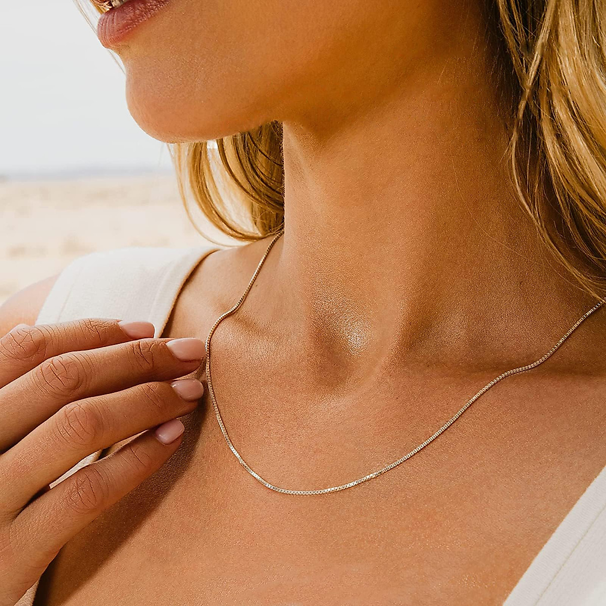 Matoa Solid 925 Sterling Silver Italian 1mm Box Chain Necklace for Women, Super Thin & Strong Necklace Chain 22 Inch