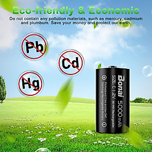 BONAI Rechargeable C Batteries, C Cells 5000mAh 1.2V Ni-MH High Capacity C Size Battery (4 Pack)