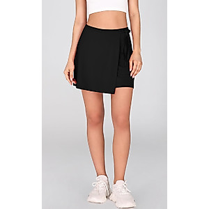 ODODOS Wrap Skorts for Women Built-in Shorts High Waist Tennis Skirts with Pockets for Casual Athletic Golf, Black, Large
