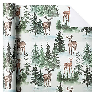 WRAPAHOLIC Kraft Christmas Wrapping Paper - Mini Roll - 17 Inch x 33 Feet - Watercolor Elk and Winter Forest Landscape Design for Christmas, Holiday, Party Celebration