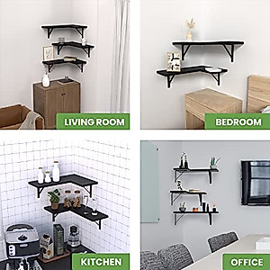 NATURE'S SOURCE Floating Corner Shelves Set of 3, Corner Shelves Wall Mounted, Floating Shelves for Bedroom Kitchen Living Room Bathroom Office- Gothic Style (Black)