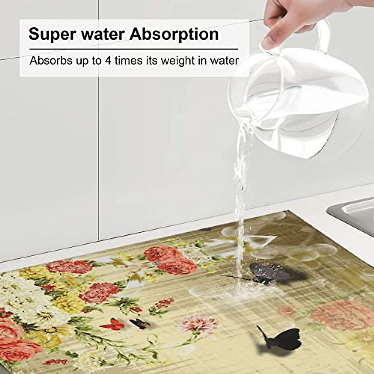 Flowers Butterfly Printed Drying Mat For Kitchen Ultra Absorbent Microfiber Dishes Drainer Mats Non-Slip Silicone Quick Dry Pad - 18 X 16inch