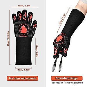 ELUTENG BBQ Long Gloves 1472℉ Heat Resistant Grilling Glove Silicone Non-Slip Oven Heatproof Longer Kitchen Washable Gloves for Barbecue, Cooking, Baking, Camping Fire Pit Black
