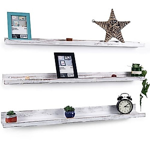 CRCHOM Picture Ledge Shelf 36" Wood Photo Shelves for Wall Mounted Long Floating Shelves with Lip Set of 3 Display Ledge Book Shelf for for Home Decor,Rustic White