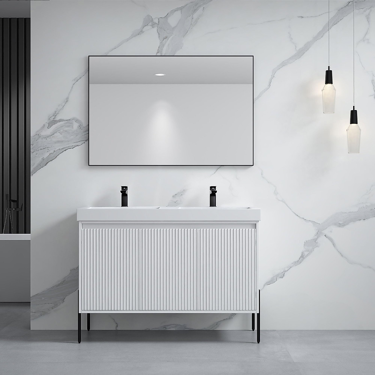 Dowell 48" Inch White Bathroom Vanity with Double Gel/Resin White Sink Combo, Modern Bathroom Cabinet with Soft-Close Door, Freestanding Bathroom Vanity Set - 002 Series [Assembly Required]