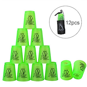 DEWEL Stacking Cup Game with 15 Stack Ways, 12pcs Cup Stacking Set, Sport Stacking Cups BPA-Free Material, Classic Family Game, Great Gift Idea for Stack Games Lover. (Green)