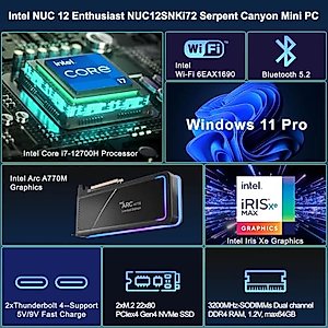 Intel NUC 12 Enthusiast NUC12SNKi7 Mini PC Core i7-12700H | 14 Cores/20 Threads | ARC A770 Graphics, Connectivity 6 USB-A, 2 USB-C, 1 HDMI, 2 Display Ports(Barebone)