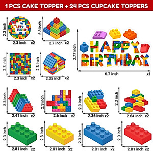 25 PCS Building Blocks Block Theme Happy Themed Birthday Party Cake Topper Cupcake Toppers Favors Supplies Decorations Decor Construction Gifts for Games Boys Girls Kids Baby Shower Rewards Carnival