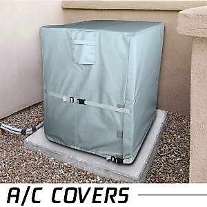 LBG Products Square Air Conditioner Cover for Central AC Outdoor Condenser Units, Heavy Duty All Weather Protection, 32L x 32W x 36H inches,Grey Color with Light Blue