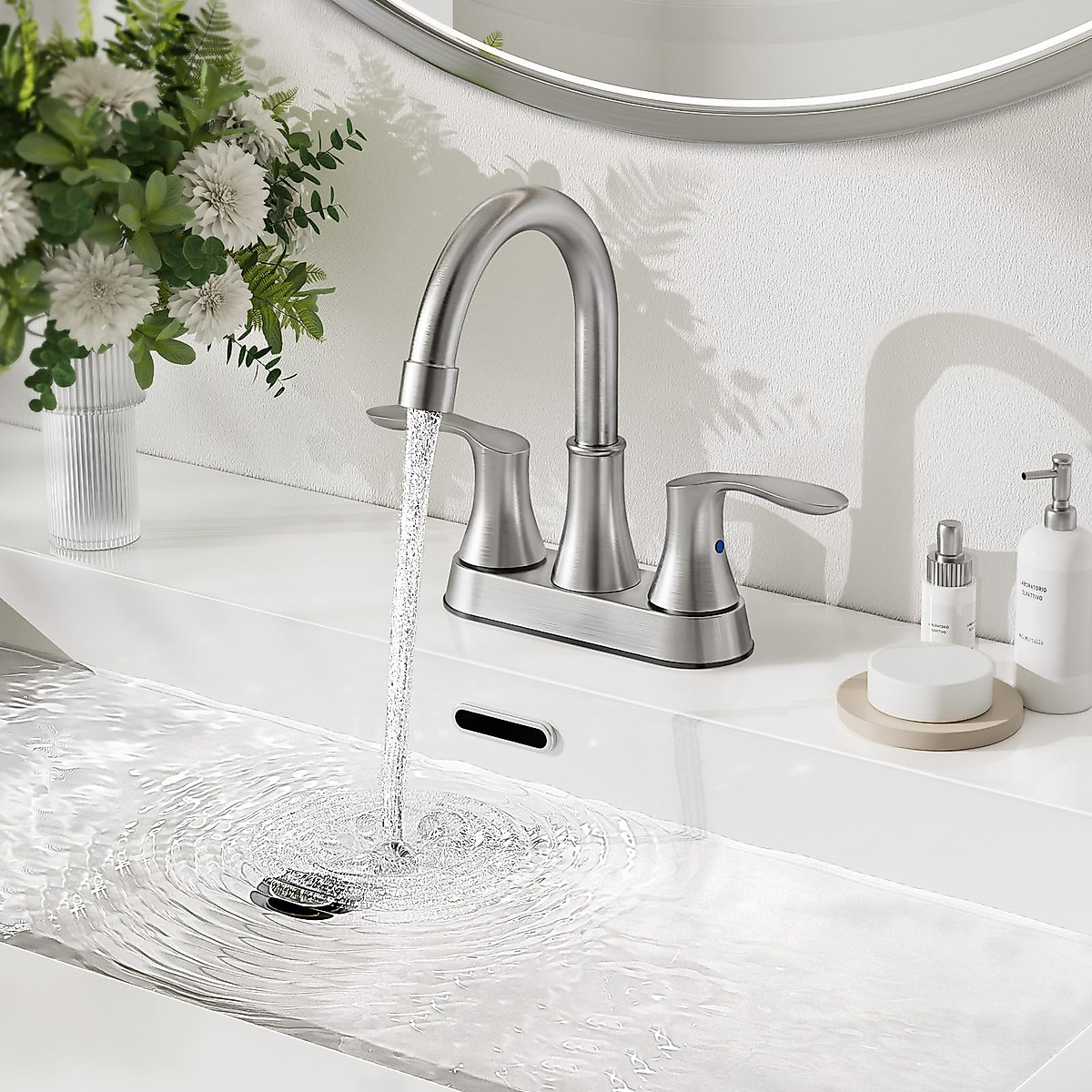 Phiestina 4 Inch 2 or 3 Hole Brushed Nickel Bathroom Sink Faucet RV Swivel 2 Handle Centerset Bath Vanity Faucet, with cUPC Water Supply line & Metal Pop-up Drain,TY36-BN