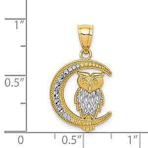 Solid 14k Yellow Gold Two Toned Diamond-Cut Owl on the Moon Pendant Charm