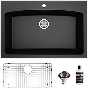 Karran QT-712 Drop-In Quartz Composite 33 in. 1-Hole Single Bowl Kitchen Sink Kit in Black
