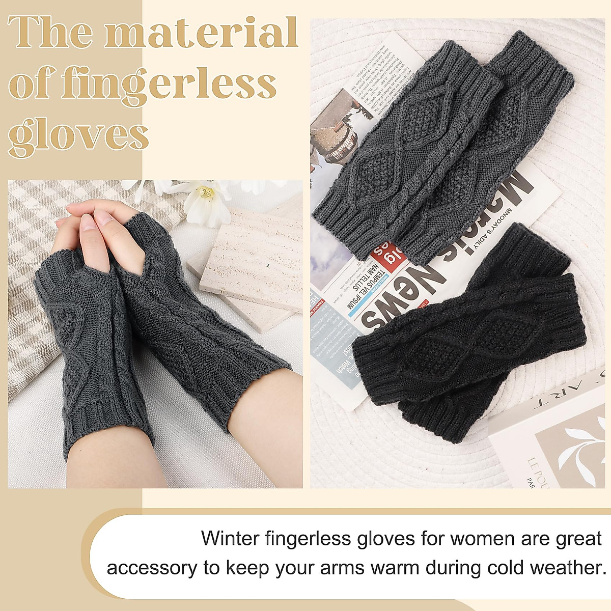 Justay Women Winter Warm Knit Fingerless Gloves Hand Crochet Thumbhole Arm Warmers Mittens