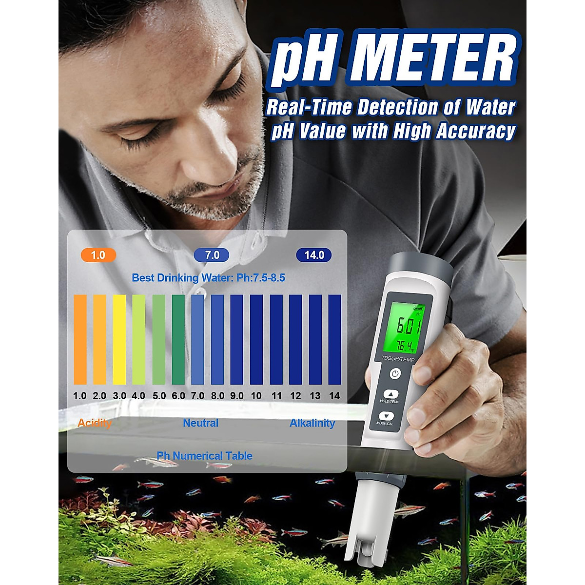 TDS/pH/Temperature 3-in-1 pH Meter for Water, 0-14 pH Measurement Range Digital pH Meter, 0.01 High Precision Water Quality Digital pH Tester with ATC, pH TDS Water Test Meter for Drinking Water